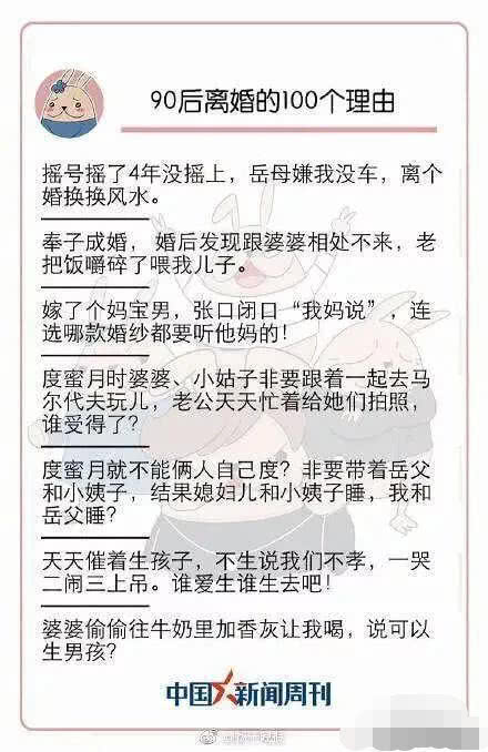 90后离婚率逐年升高,一起来看看他们给出的100个离婚的理由凤凰网