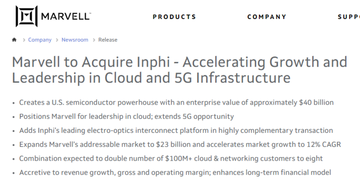 Marvell 官宣以 100 亿美元收购 Inphi，半导体行业重大交易继续_凤凰网