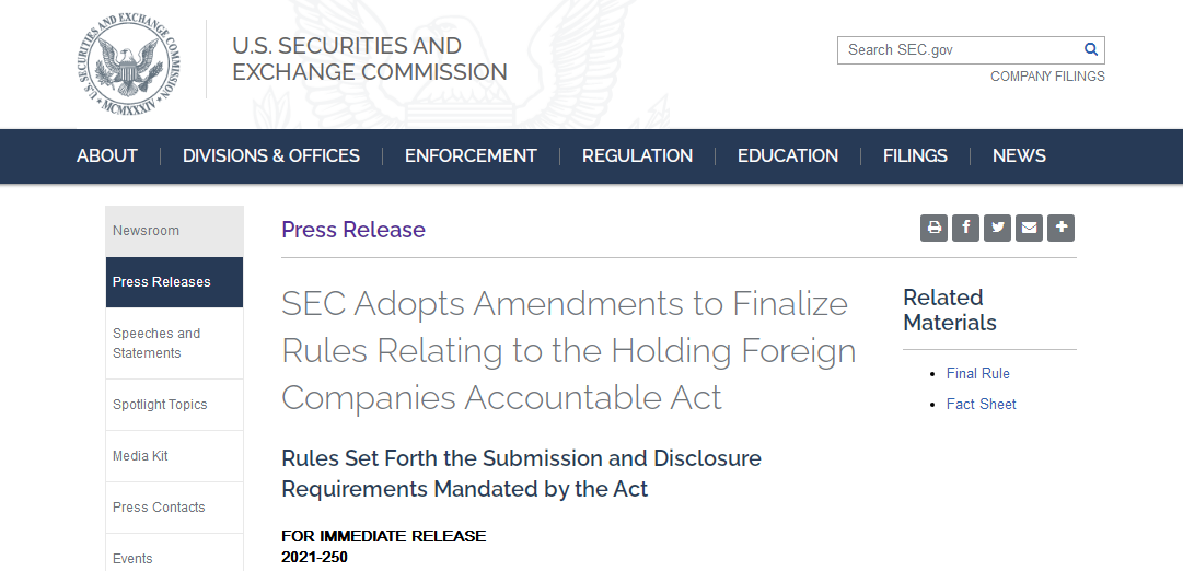 美国SEC公布海外上市公司监管新规细则_凤凰网