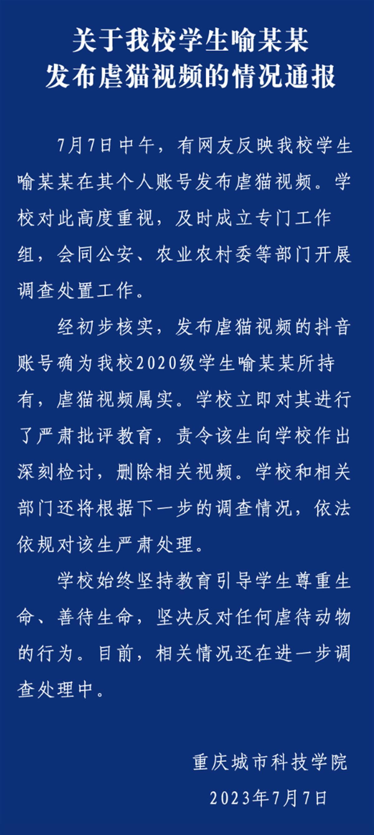 大学生虐猫惹众怒,重庆城市科技学院通报:严肃批评责令检讨凤凰网