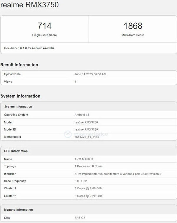 真我Narzo 60 5G手机现身Geekbench：天玑6020+8GB