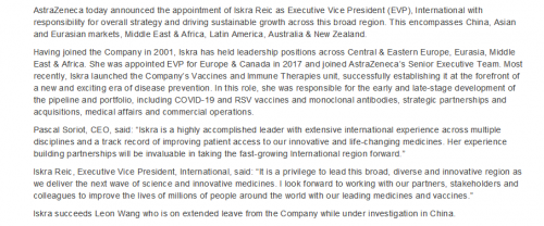 阿斯利康宣布任命Iskra Reic为国际执行副总裁__凤凰网