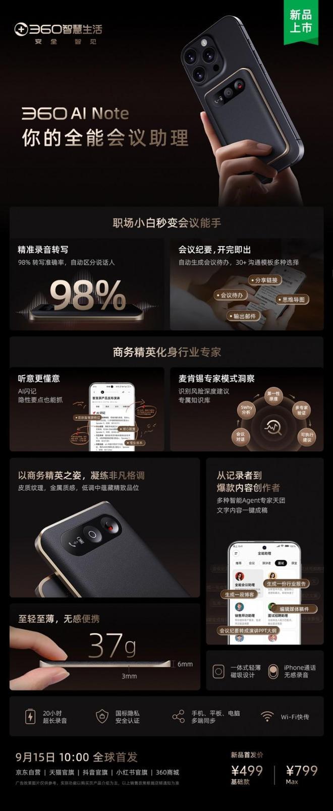 “听记思写”一体！三六零发布Agentic AI硬件360 AI Note，重新定义智能会议_凤凰网