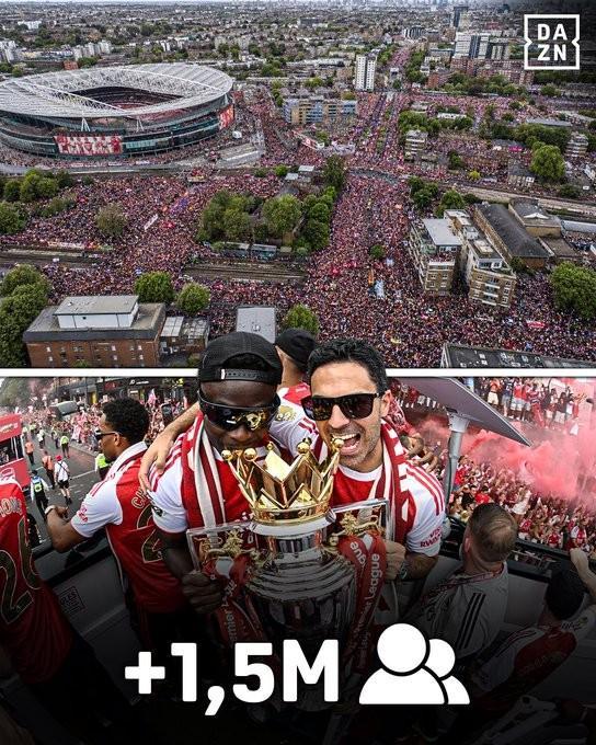 DAZN：超150万人参加阿森纳英超夺冠游行，创英格兰纪录