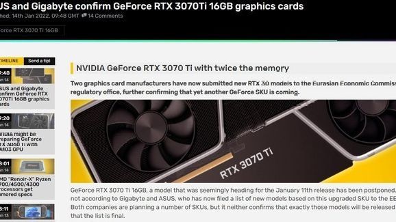 曝英伟达RTX 3070 Ti 16GB版正在路上 华硕、技嘉已经注册多款型号_凤凰网