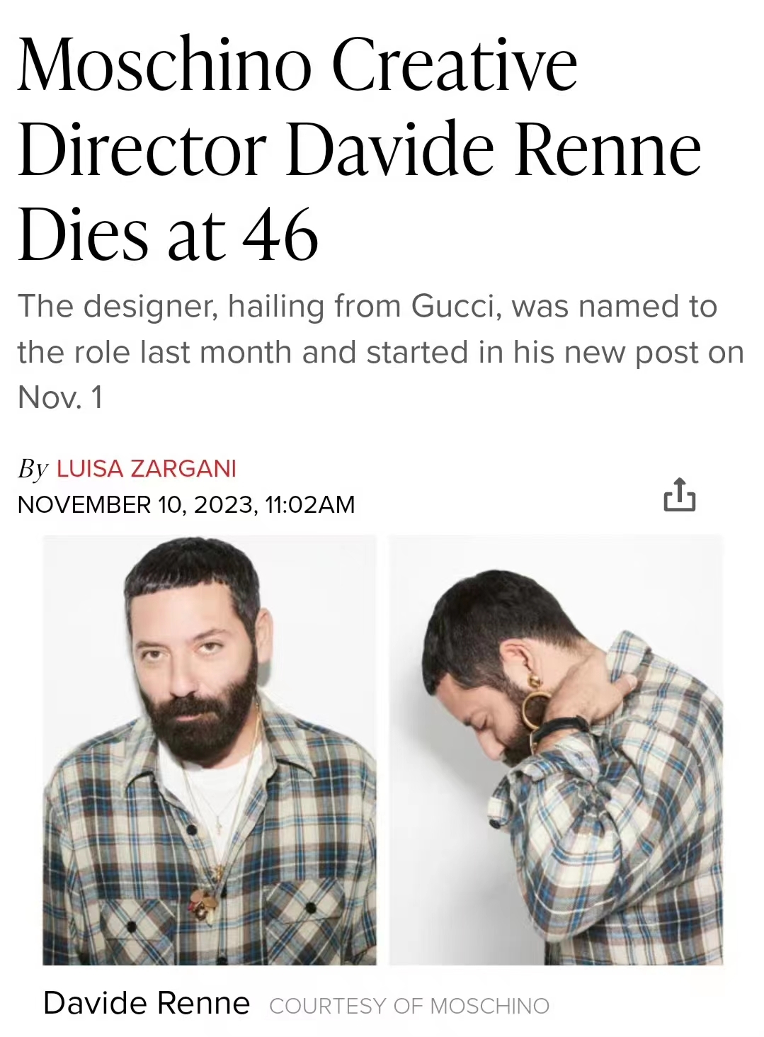 任职Gucci二十年，Moschino新创意总监Davide Renne上任九天去世，享年46岁_凤凰网