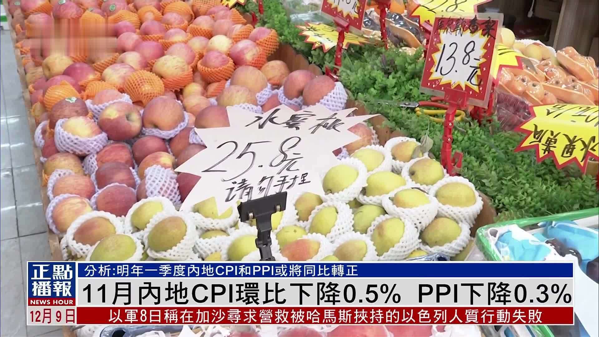 11月内地CPI环比下降0.5% PPI下降0.3%_凤凰网视频_凤凰网