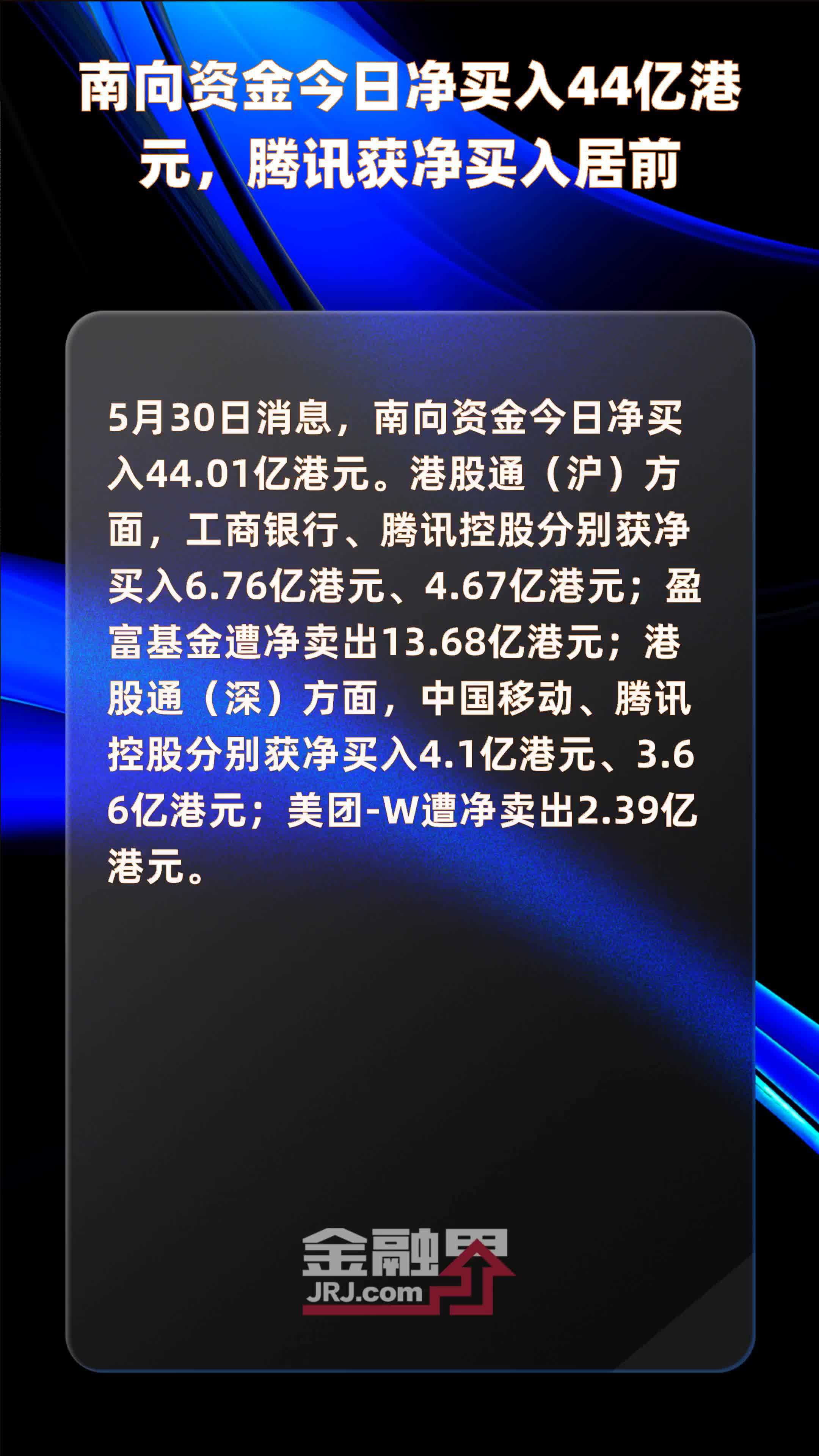 南向资金今日净买入44亿港元，腾讯获净买入居前 快报凤凰网视频凤凰网 