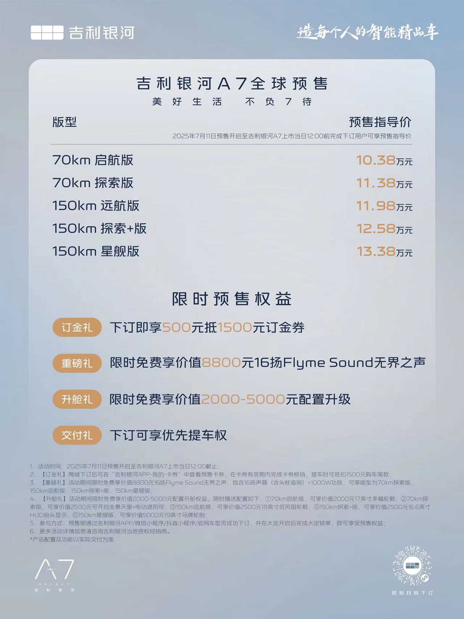 吉利银河A7预售价10.38万元起 综合续航超2100km_凤凰网